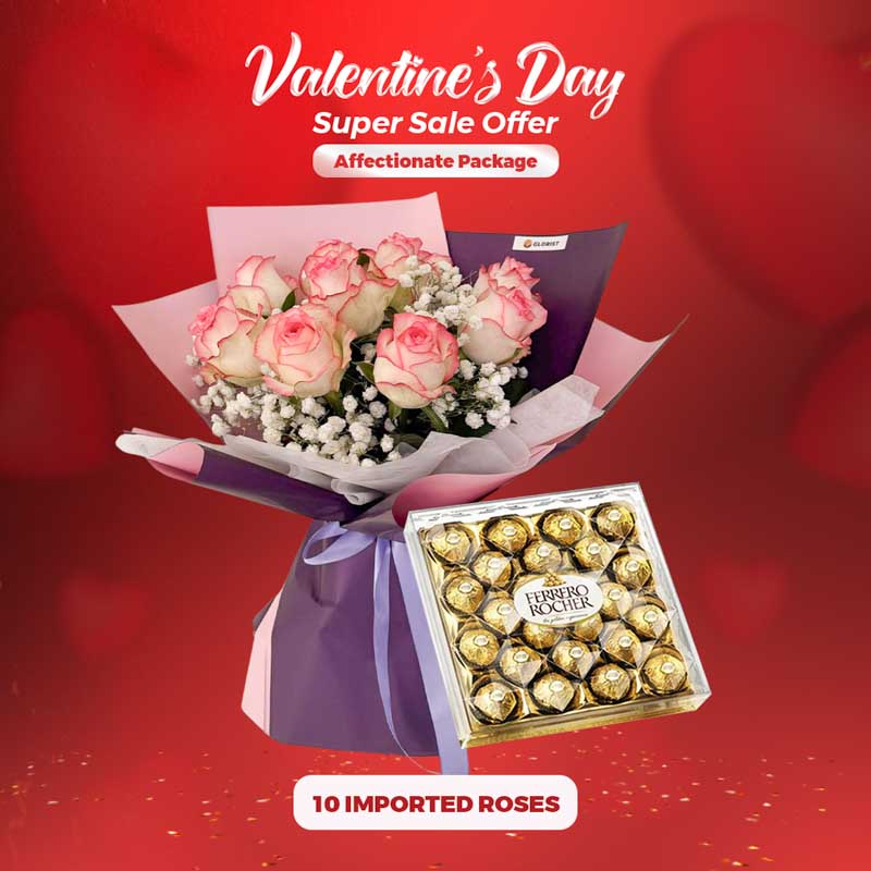 Affectionate Package for Valentine’s | 10 Light Pink Roses & Chocolate ...